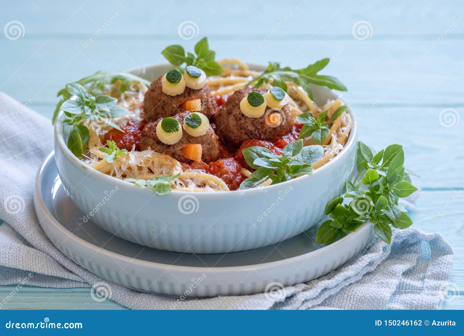Pasta Spaghetti with Funny Meatballs for Kids Stock Photo - Image of ...