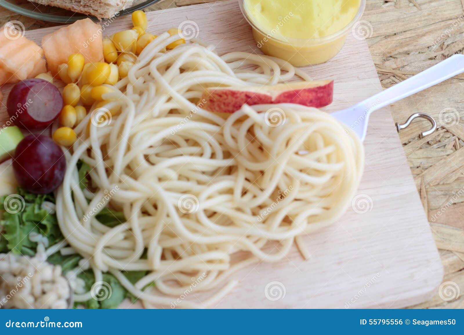 Pasta Spaghetti with Salad Mix Fruit. Stock Photo - Image of cantaloupe ...