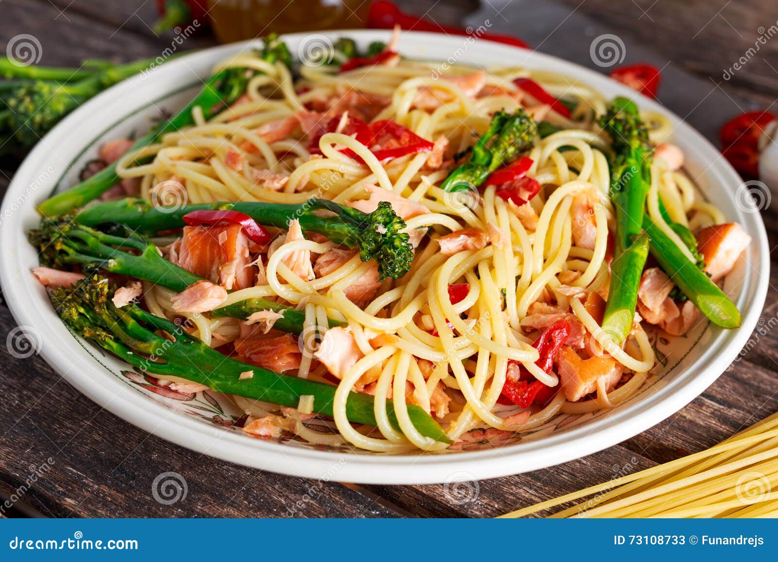 Pasta Spaghetti with Smoked Salmon, Chilli and Broccoli. Stock Image ...