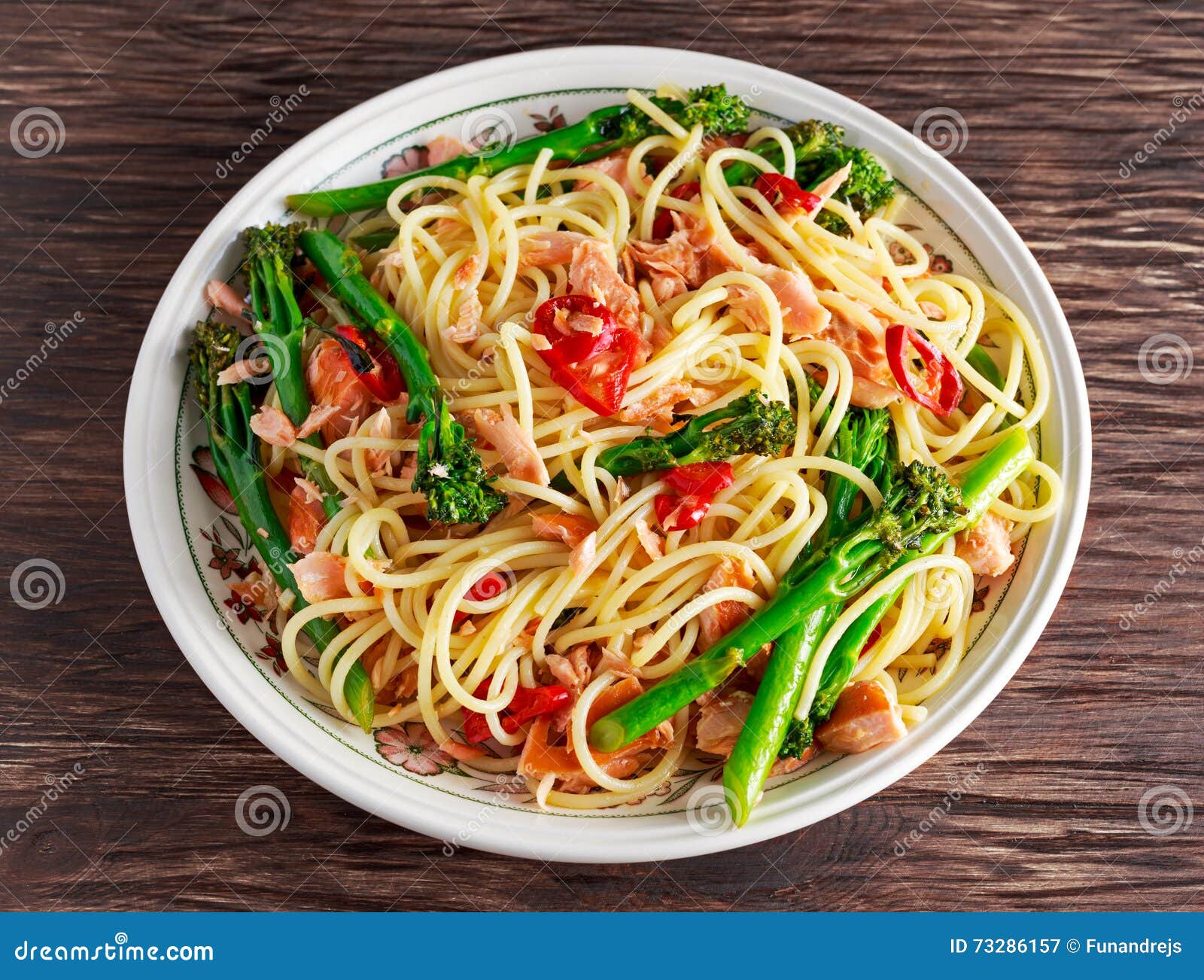 Pasta Spaghetti with Smoked Salmon, Chilli and Broccoli. Stock Image ...