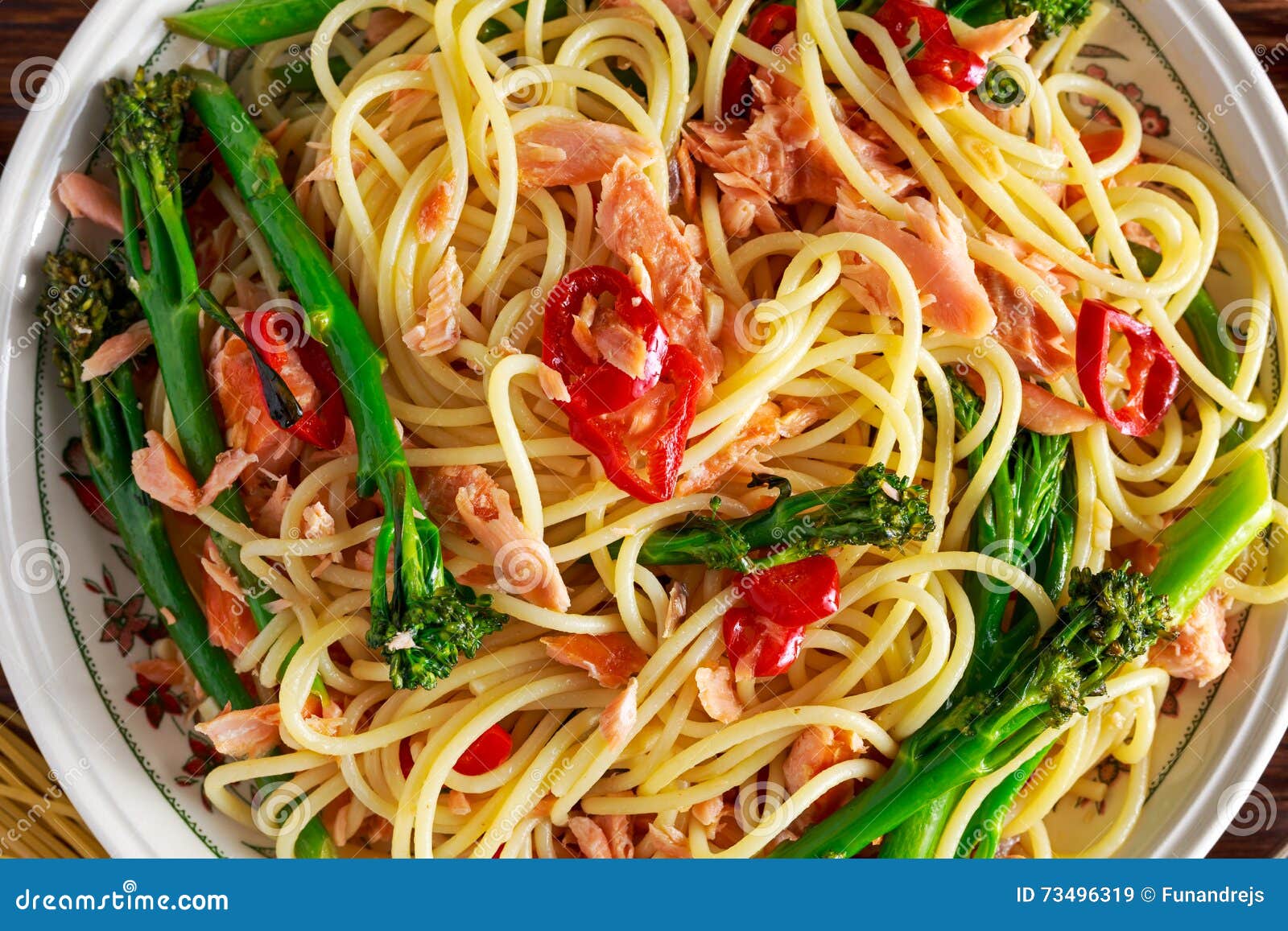 Pasta Spaghetti with Smoked Salmon, Chilli and Broccoli. Stock Image ...
