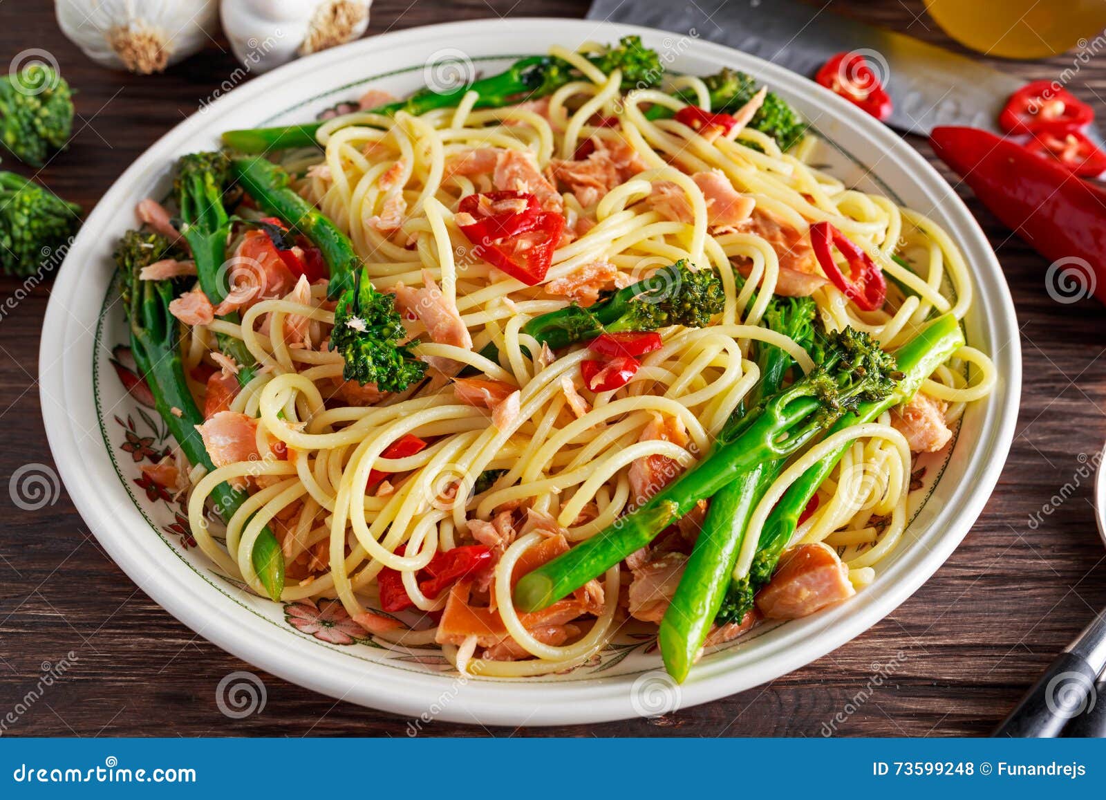 Pasta Spaghetti with Smoked Salmon, Chilli and Broccoli. Stock Photo ...