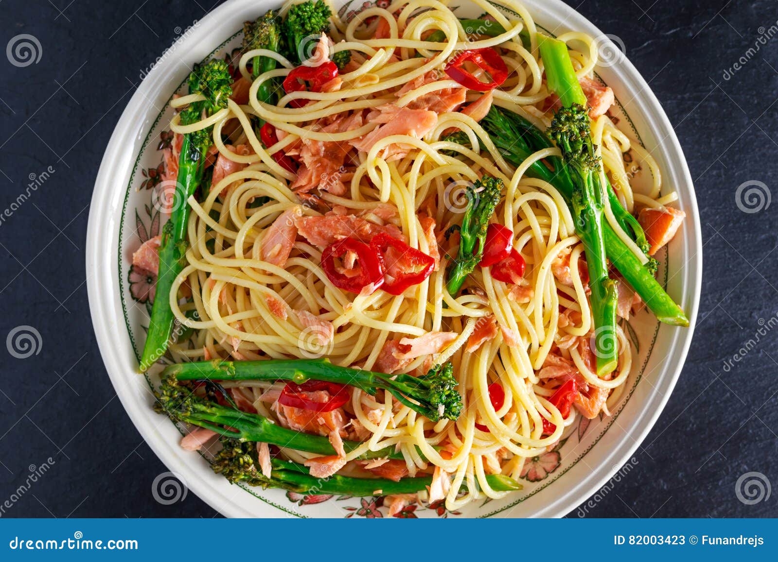 Pasta Spaghetti with Smoked Salmon, Chilli and Broccoli. Stock Image ...