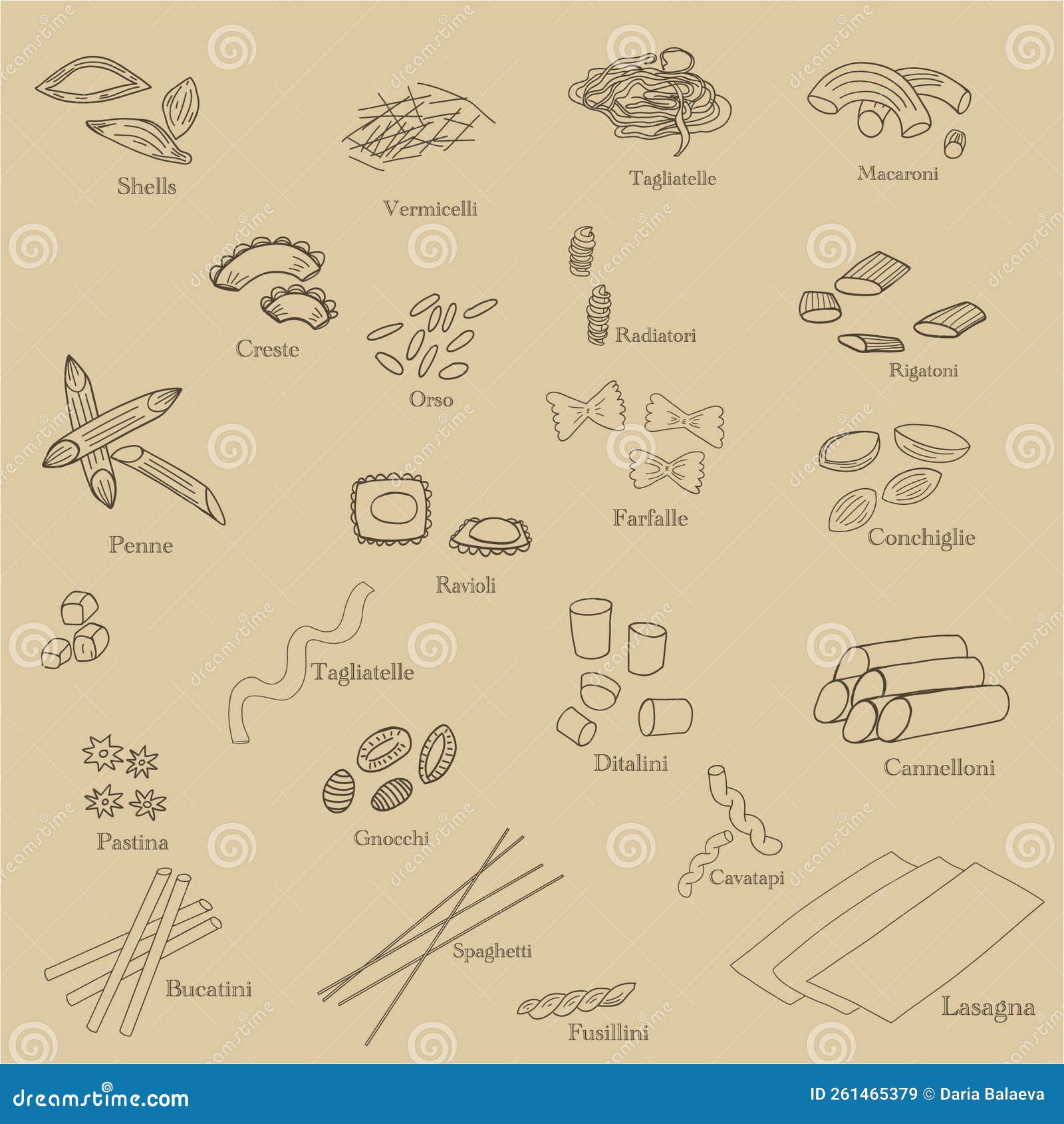 Pasta Types Hand Drawn Vector Set Stock Vector - Illustration of vector ...