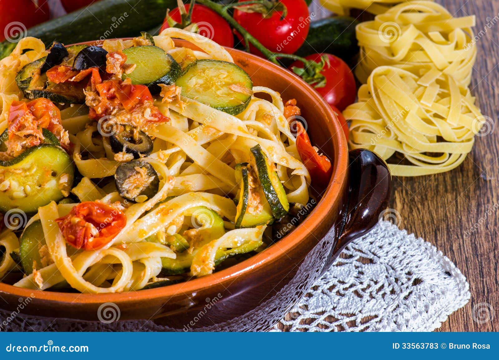 Pasta with Vegetables in Ceramic Clay Pot Stock Image - Image of ...