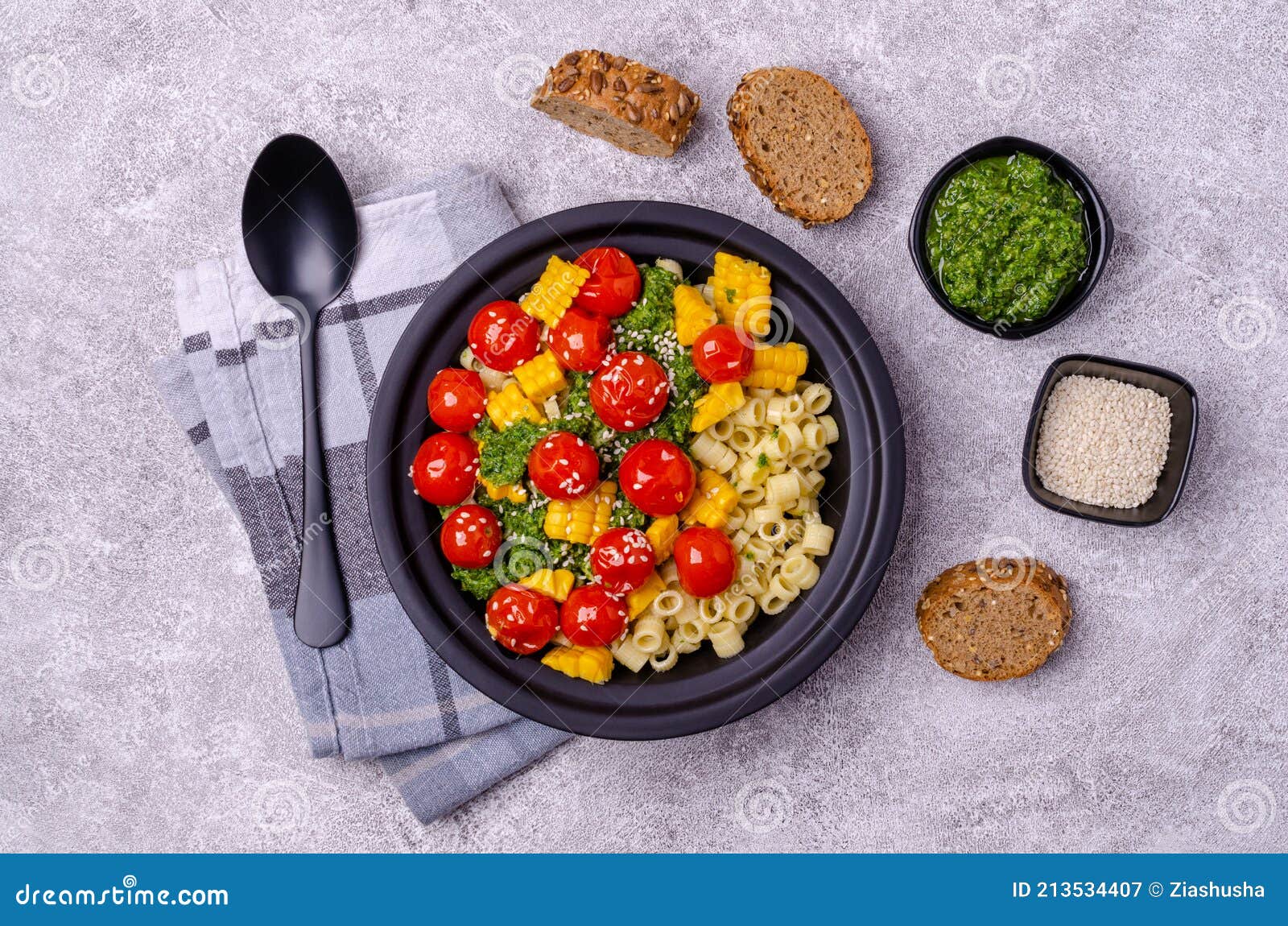 Pasta with Vegetables and Green Sauce Stock Image - Image of garnish ...