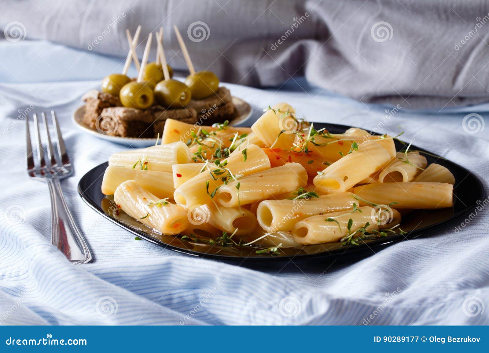 Pasta with Watercress and Canape with Olives Stock Image - Image of ...