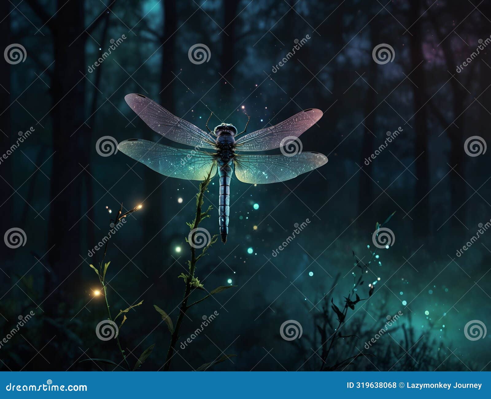 Pastel Abstract and Magical Dragonfly and Firefly Flying in the Night ...