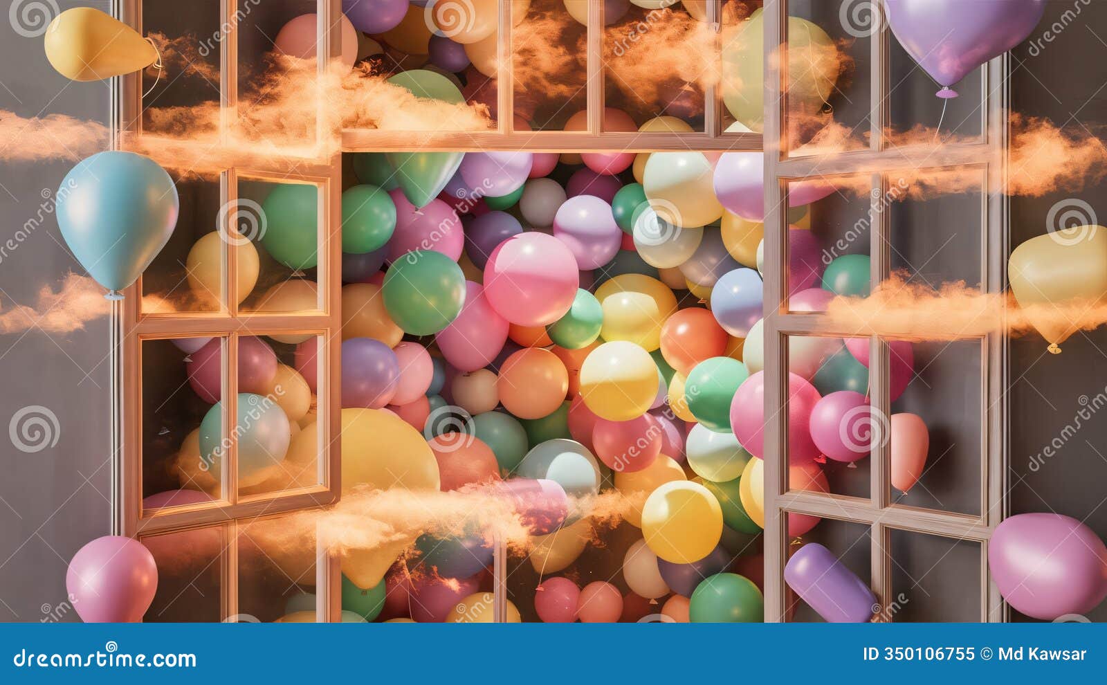 Pastel Balloons Exploding from Wooden Window High Quality Image Stock ...