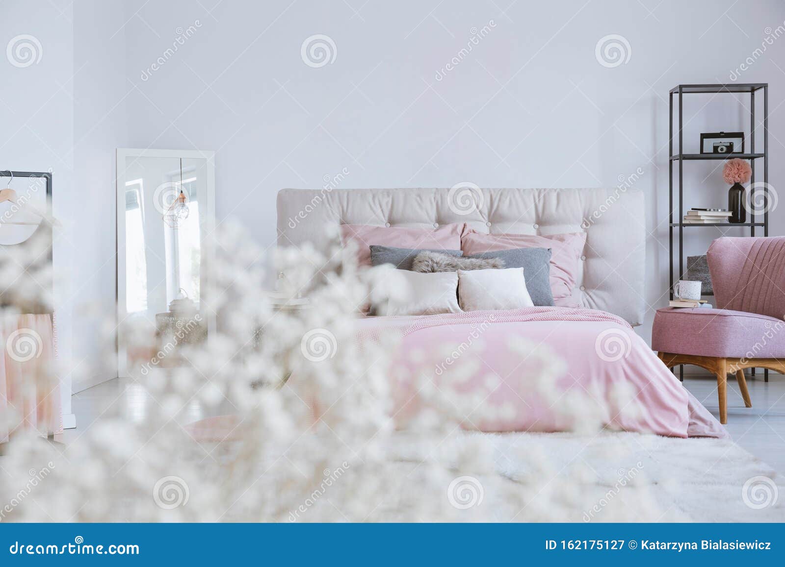 Pastel Bedding on King Size Bed in Stylish Bedroom Stock Image - Image ...
