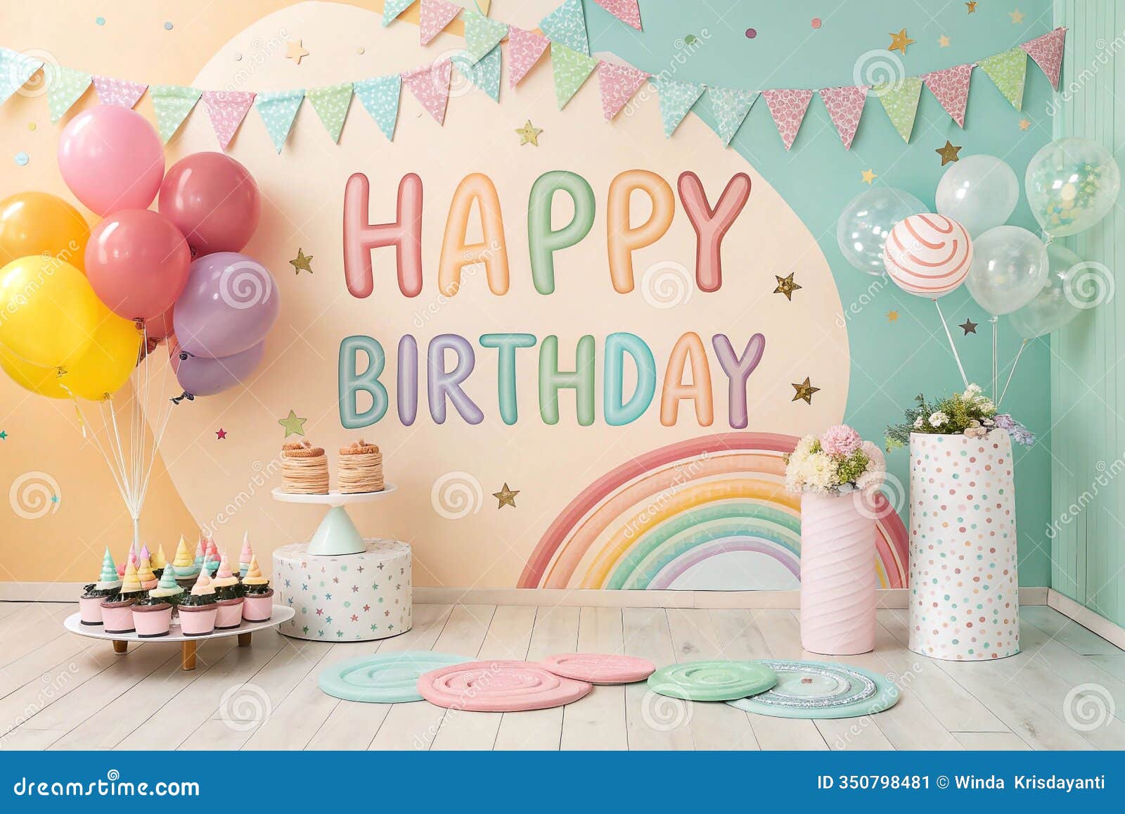 Pastel Birthday Party Setup with Balloons, Cake, and Decorations Stock ...