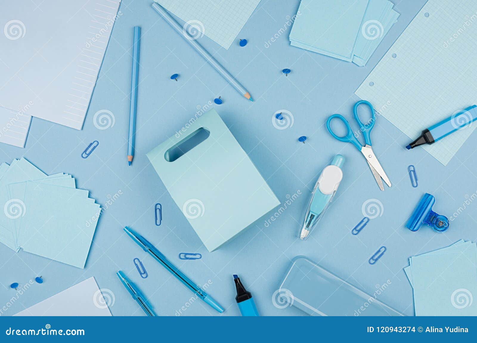 Pastel Blue Color Stationery Set As Pattern with Copy Space on Blue ...