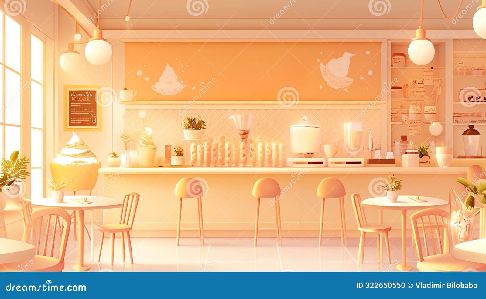 Pastel Cafe Interior with Bar and Tables Stock Illustration ...