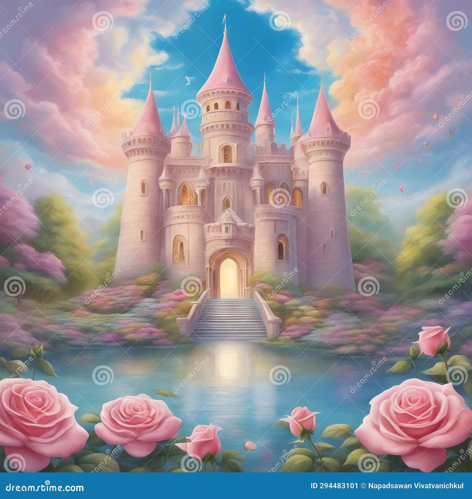 Pastel Castle Roses Fantasy Art. Generative AI. Stock Illustration ...