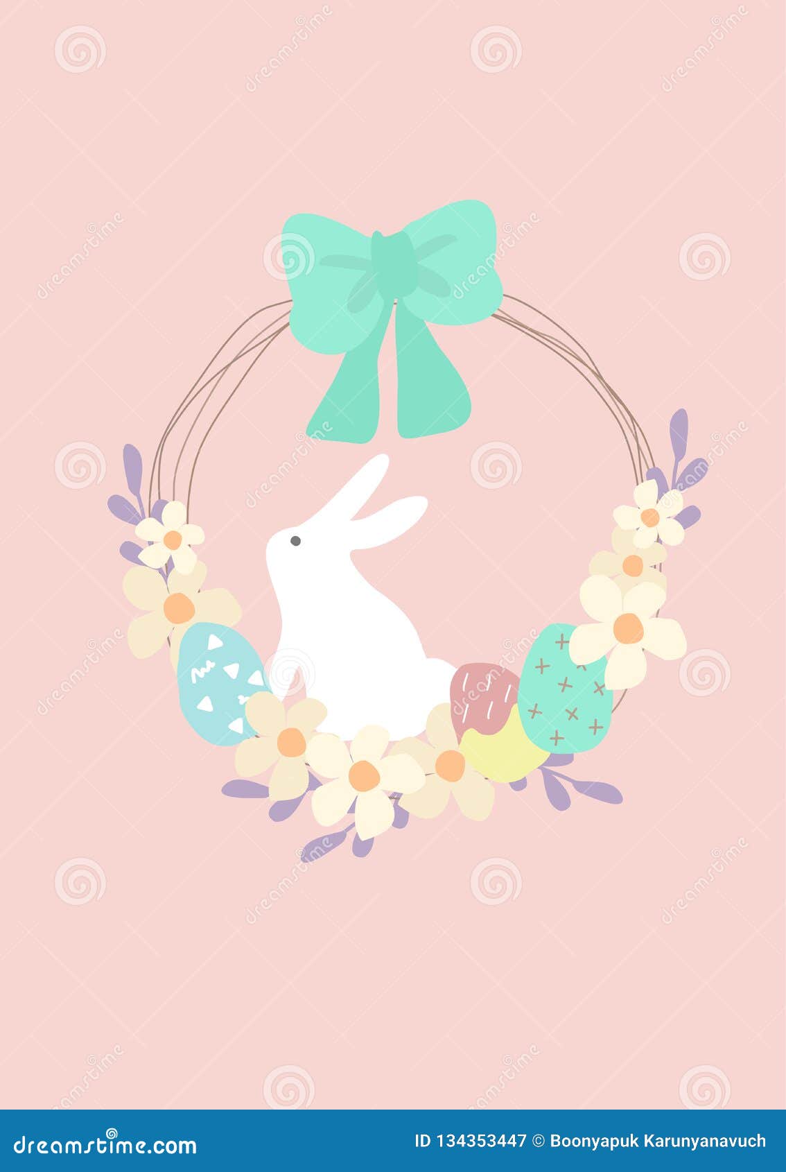 Pastel Color Easter Wreath with Egg and White Bunny Stock Illustration ...