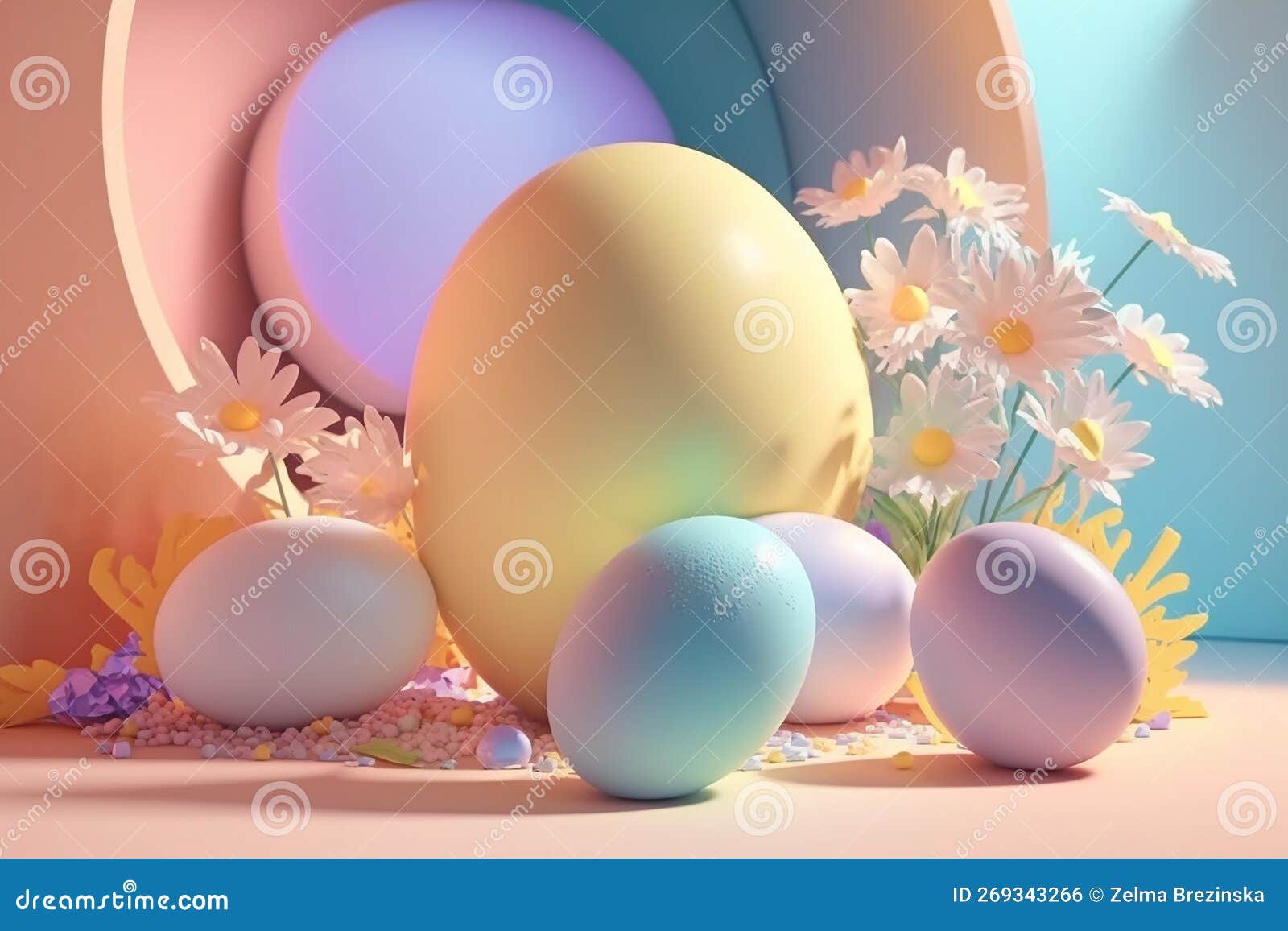Pastel Color Spring Easter Background with Decorative Eggs and Flowers ...