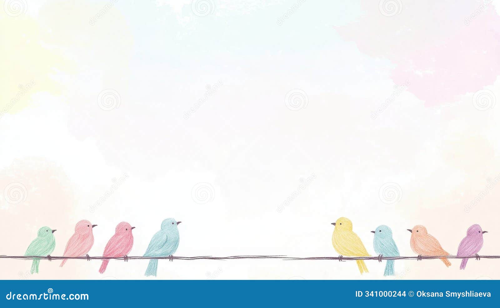 Pastel-Colored Birds on Wire Against Soft Watercolor Background Stock ...