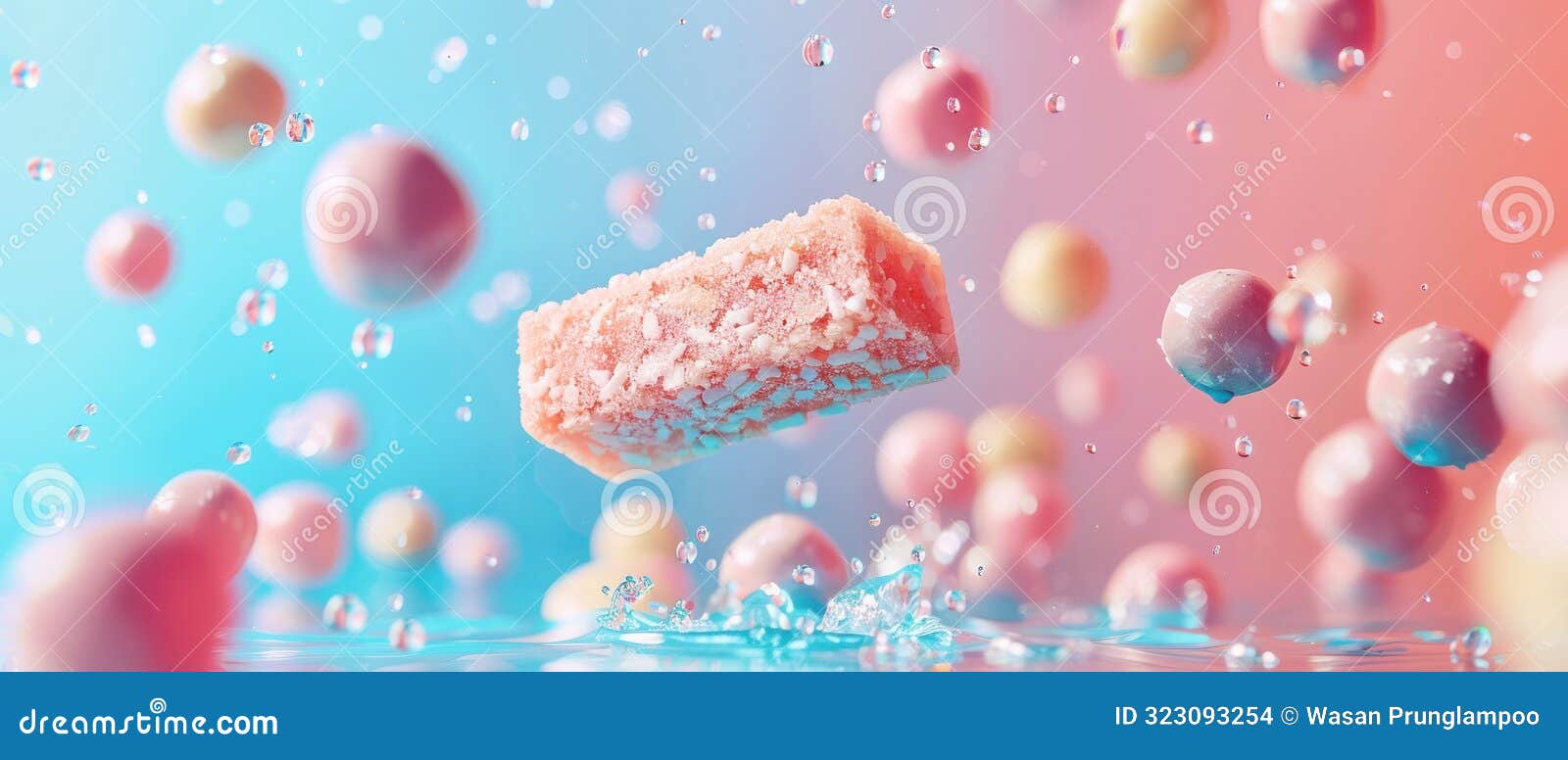 Pastel Colored Candy Bar Falling through Air with Colorful Orbs Stock ...