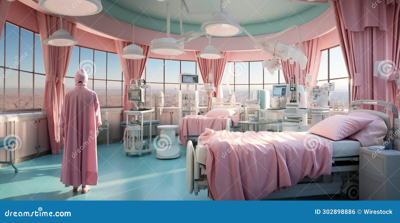 Pastel-colored Hospital with a Woman Watching the Panoramic Window, AI ...