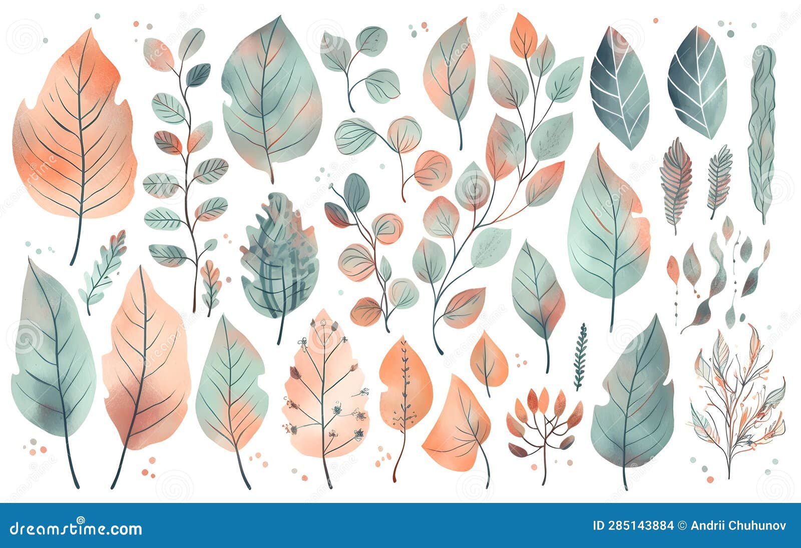 Pastel-colored Leaves and Branches on White Background, Generative AI ...