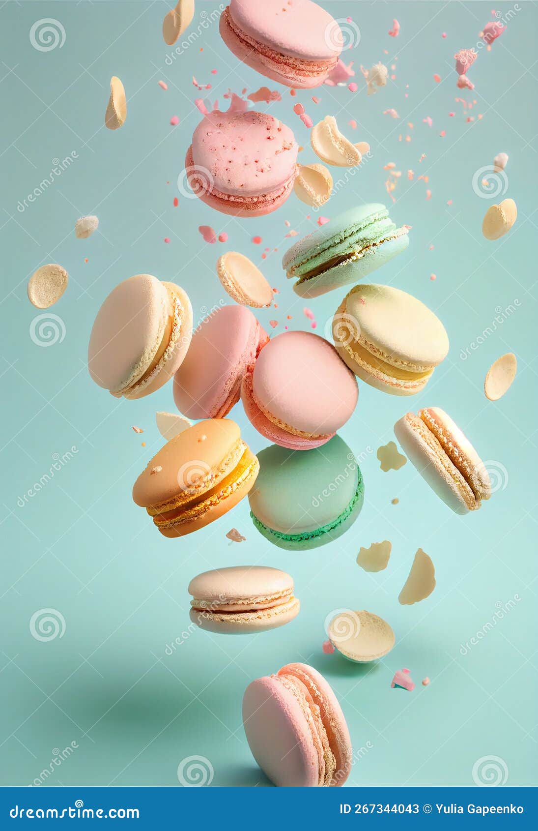 Pastel Colored Macarons in Motion Falling on Light Pink. Illustration ...
