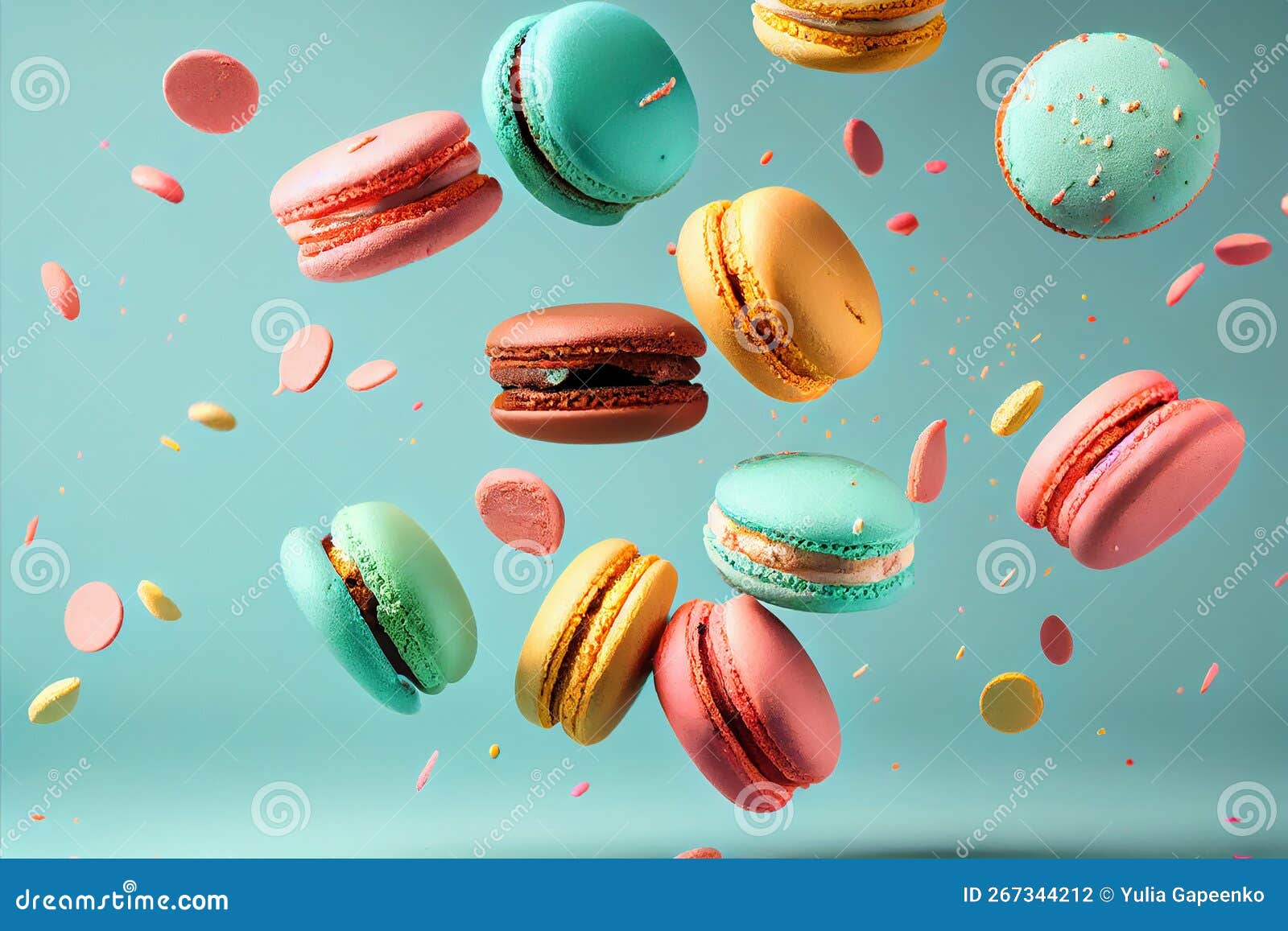 Pastel Colored Macarons in Motion Falling on Light Pink. Illustration ...