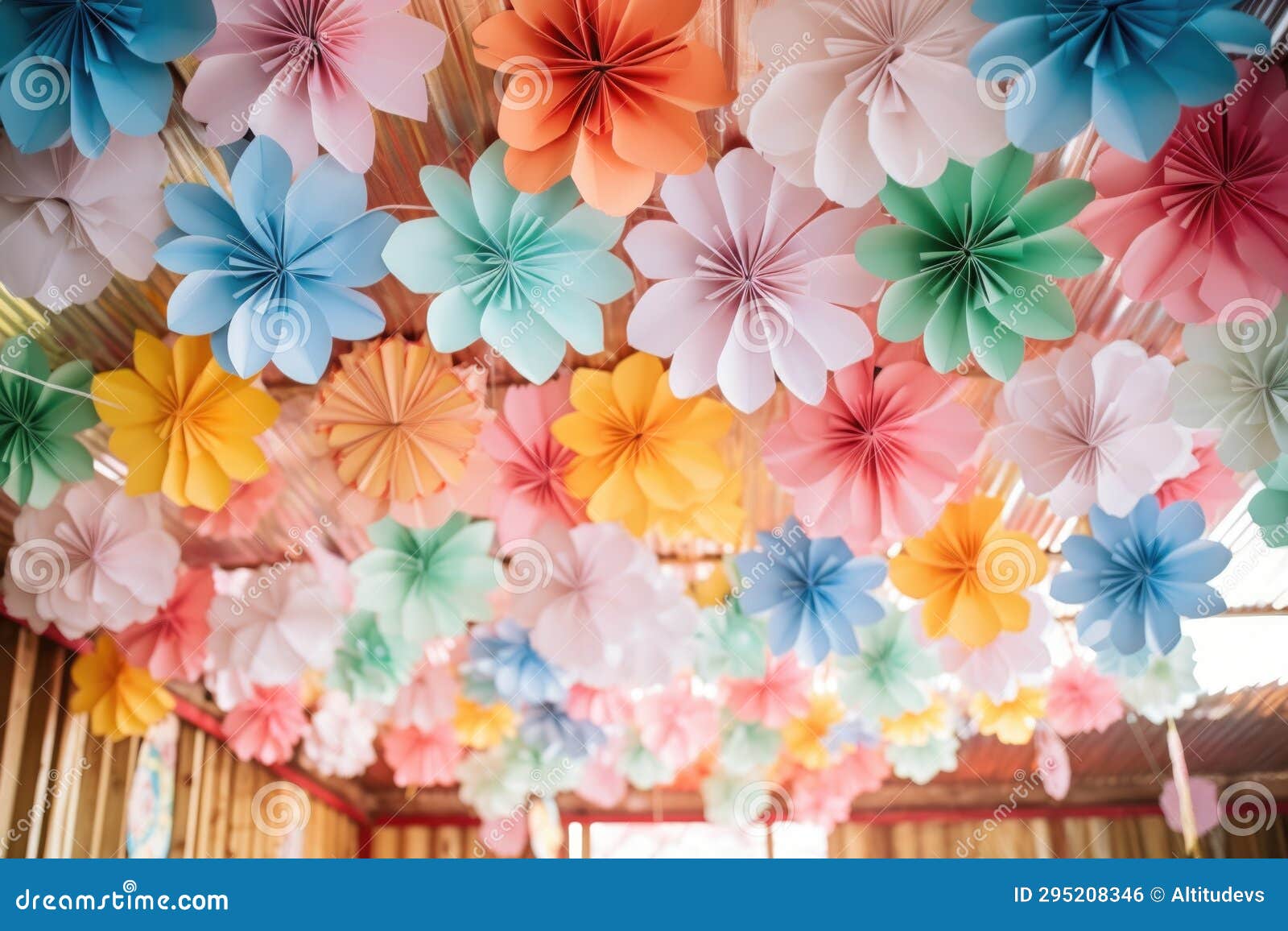 Pastel-colored Paper Flowers Hanging from the Ceiling Stock Photo ...