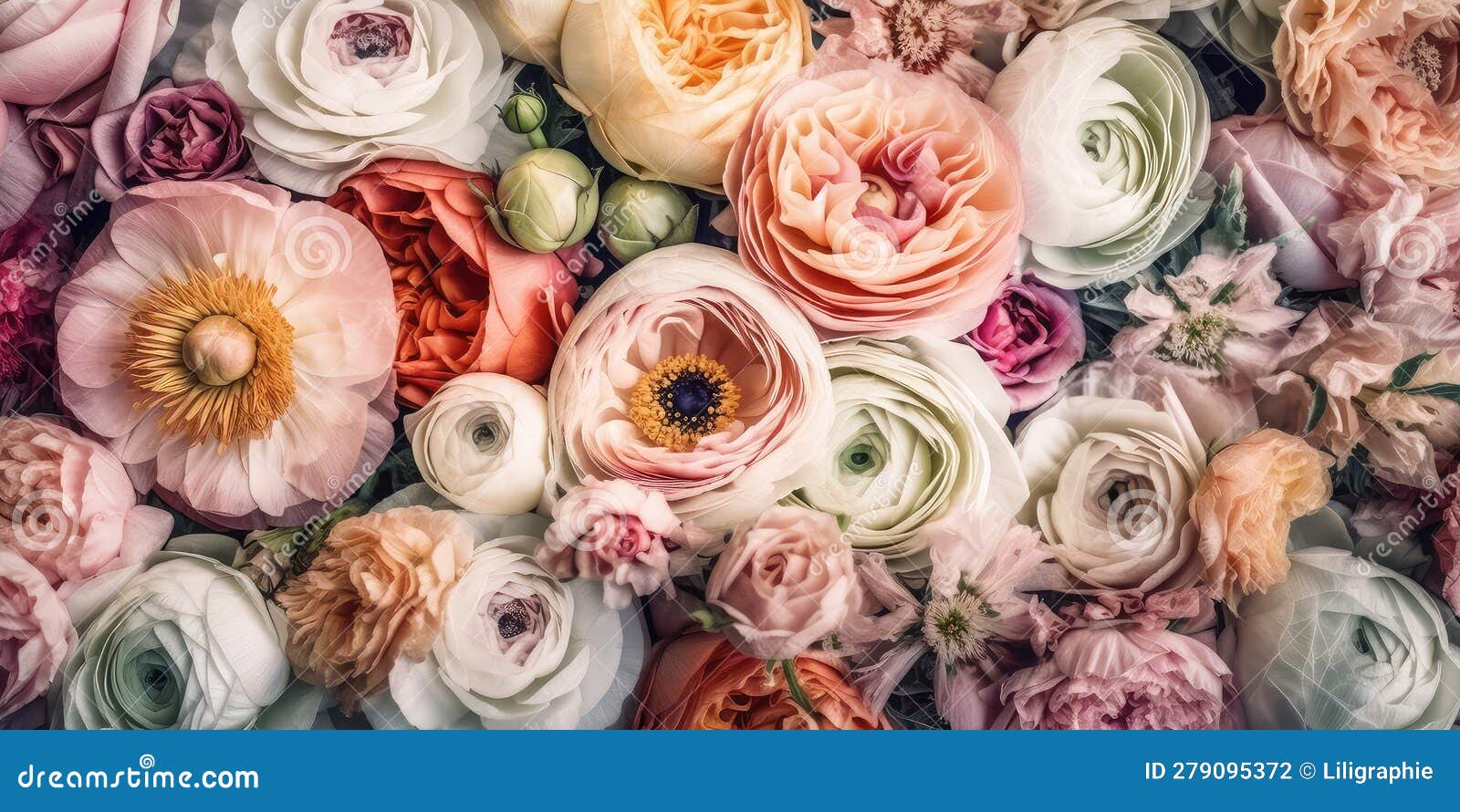 Pastel Colored Ranunculus and Anemone Flowers. Floral Background. AI ...