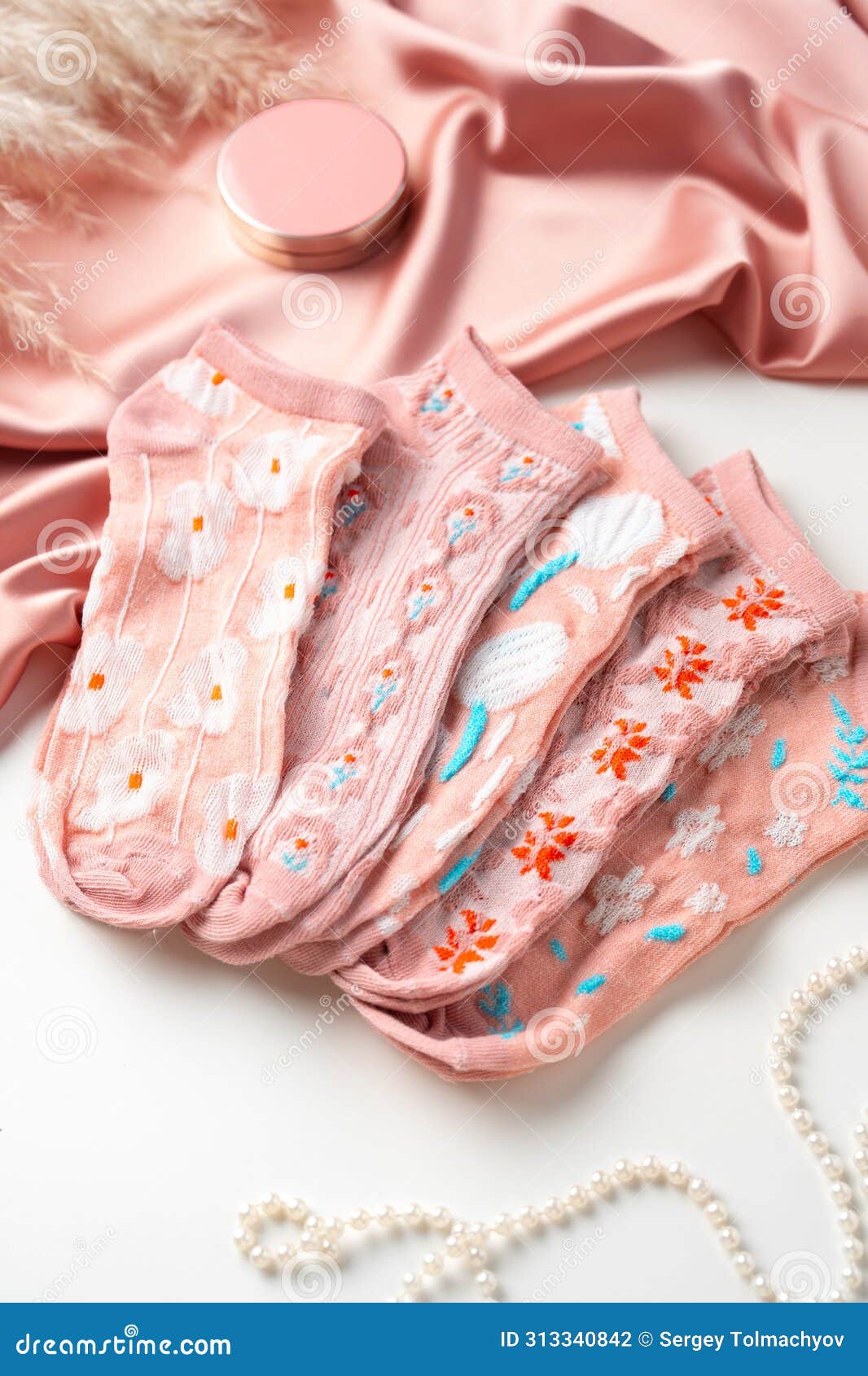 Pastel Composition with Pink Socks on White Background Stock ...