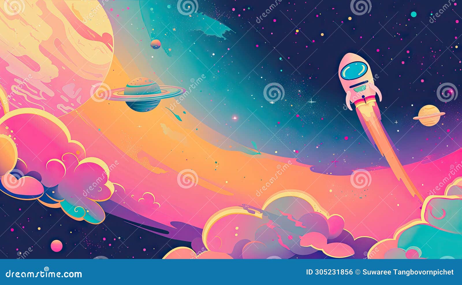 Pastel Cute Abstract Background of Galaxy Planet and Rocket Stock ...
