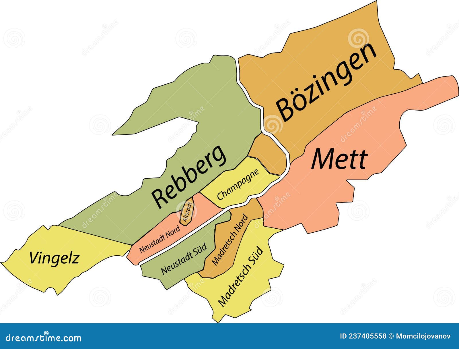 Pastel Districts Map of Biel-Bienne, Switzerland Stock Illustration ...