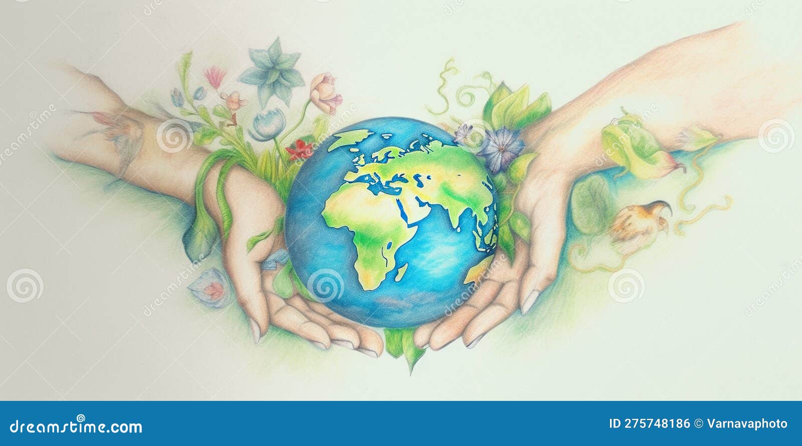 Pastel Drawing Planet Earth in Hands with Flowers. AI Generated. Stock ...