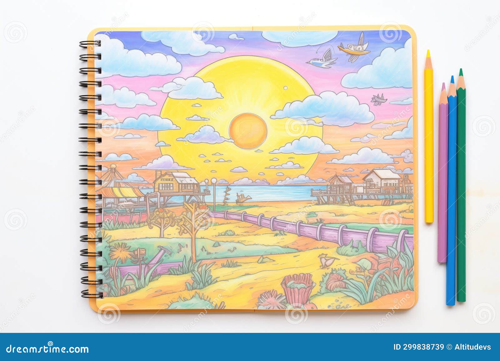 Pastel Drawn Sunset in a Sketchbook, Surrounded by Pastel Crayons Stock ...