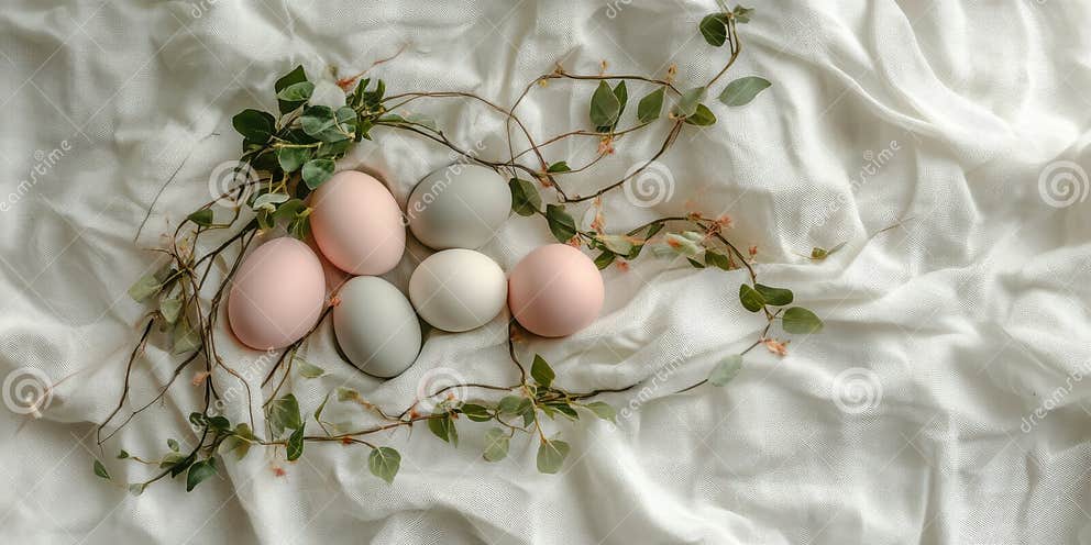 Pastel Eggs with Greenery on White Fabric for Easter Decoration Concept Stock Photo - Image of ...