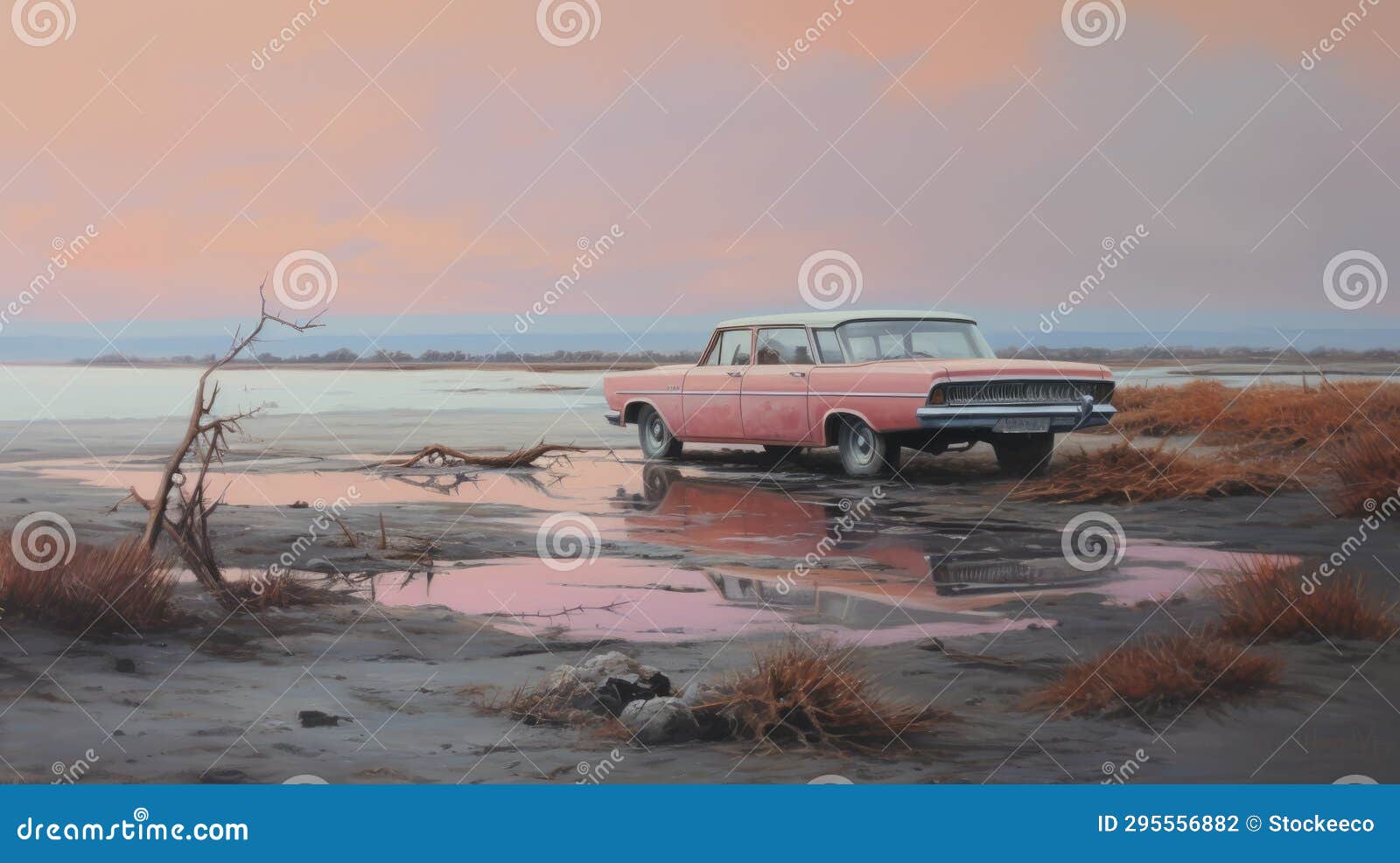 Pastel Expressionism: Old Pink Car in Front of Lake Stock Illustration ...