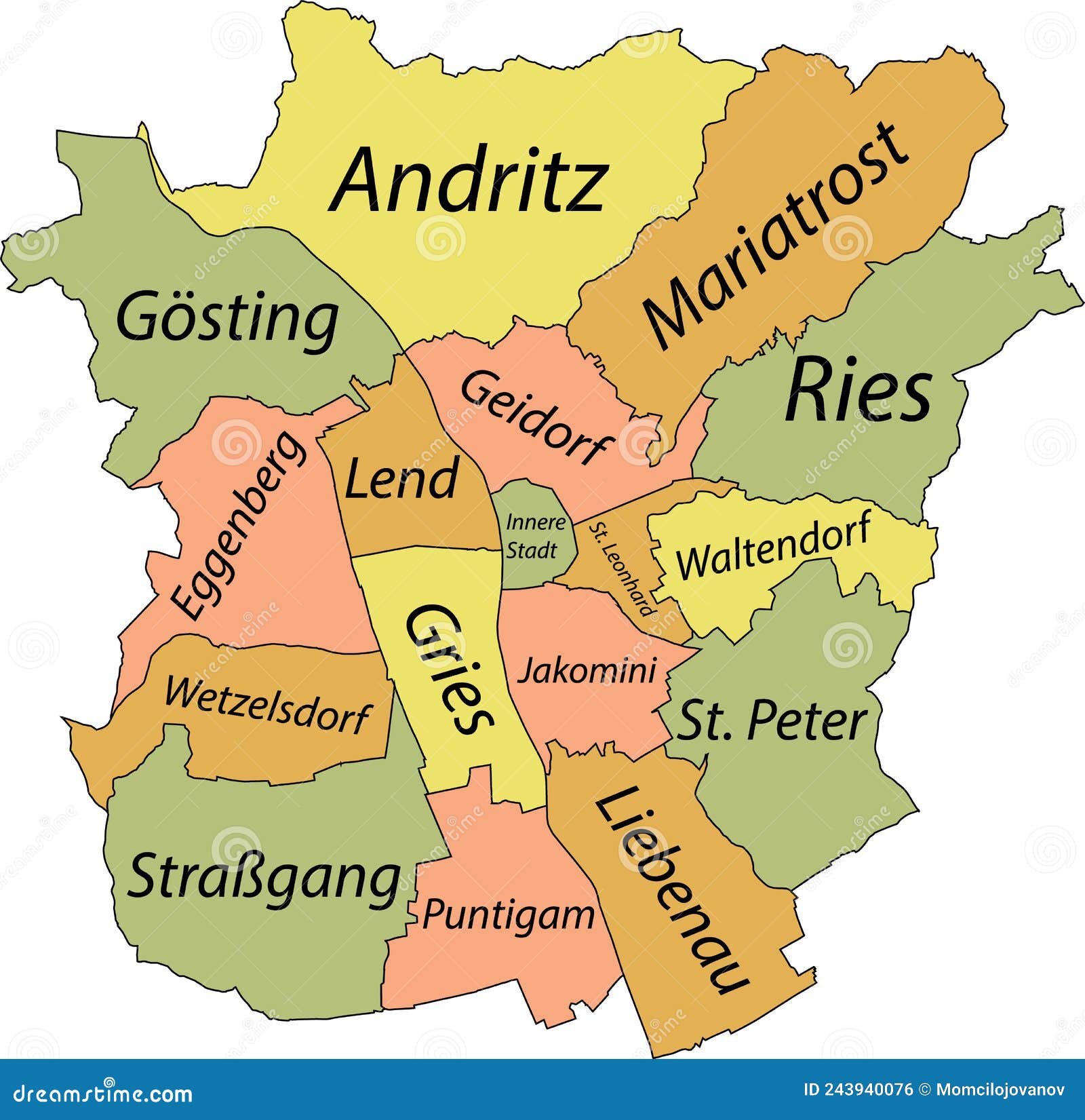 Pastel Tagged Districts Map of GRAZ, AUSTRIA Stock Vector ...