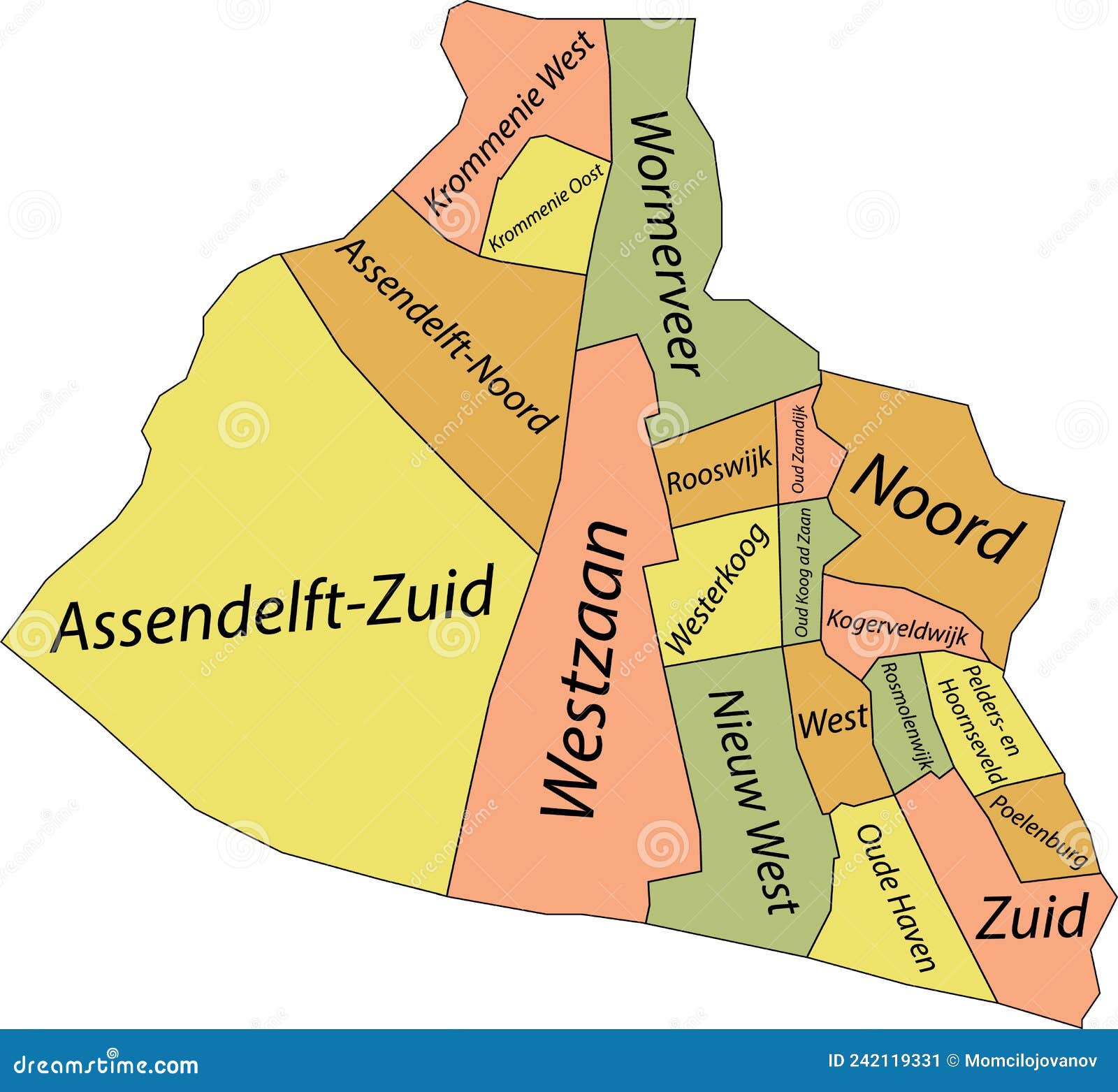 Pastel Tagged Districts Map of ZAANSTAD, NETHERLANDS Stock Vector ...