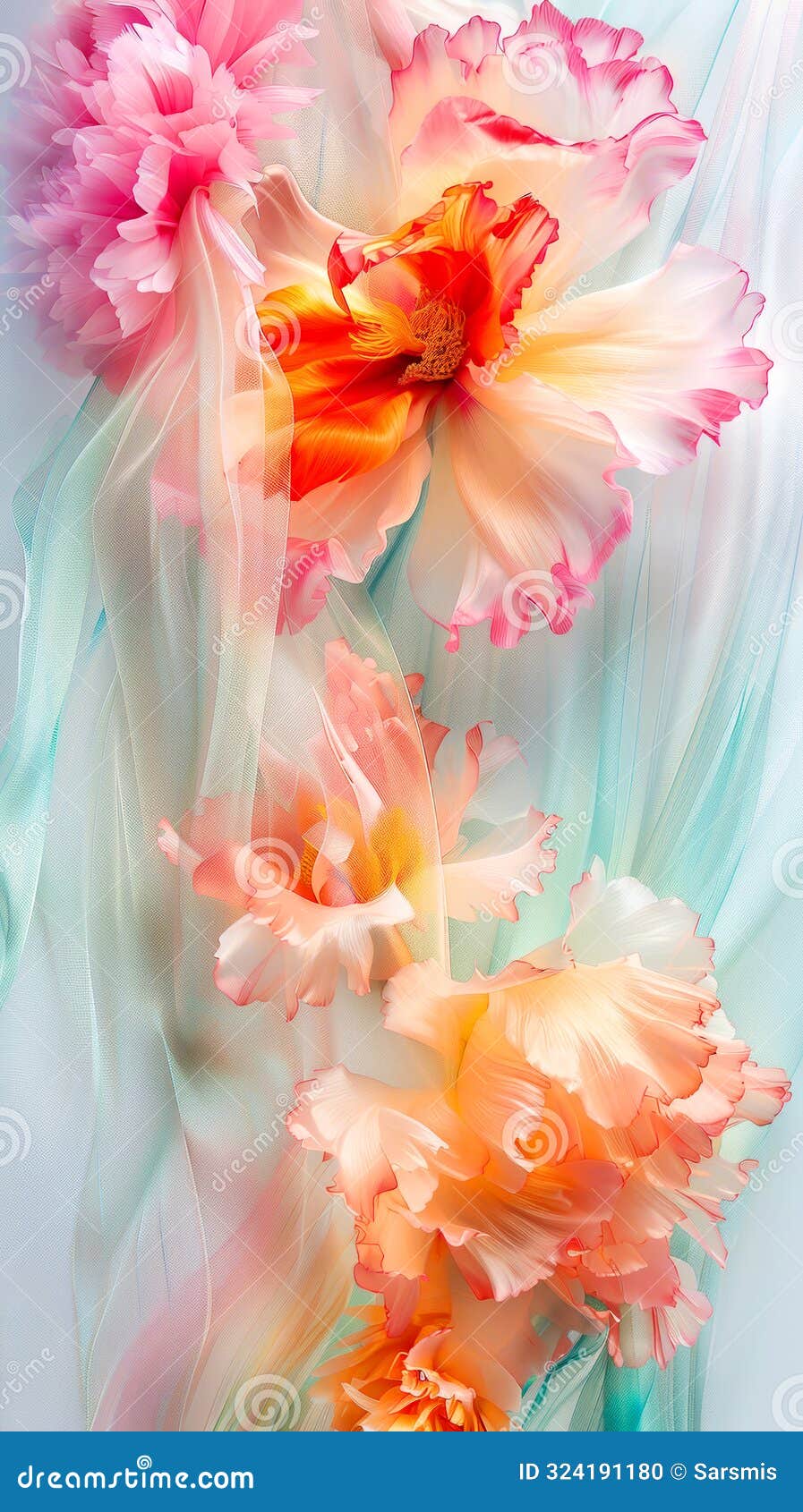 Pastel Flower Arrangement With Flowing Textiles In Soft Light Stock ...