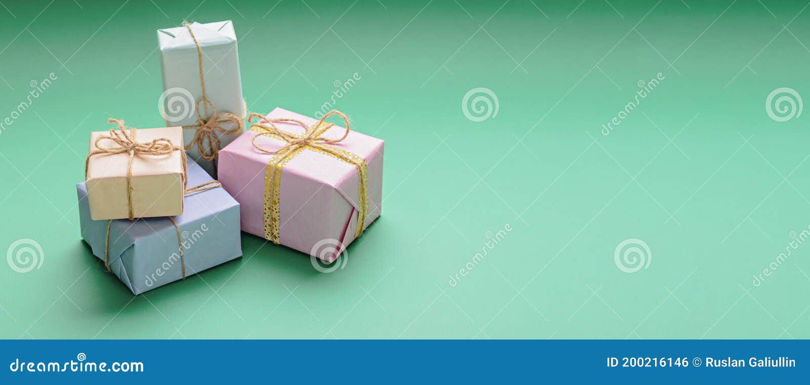 Pastel Gift Boxes on Green Background, Me-gift, Copy Space Stock Photo ...