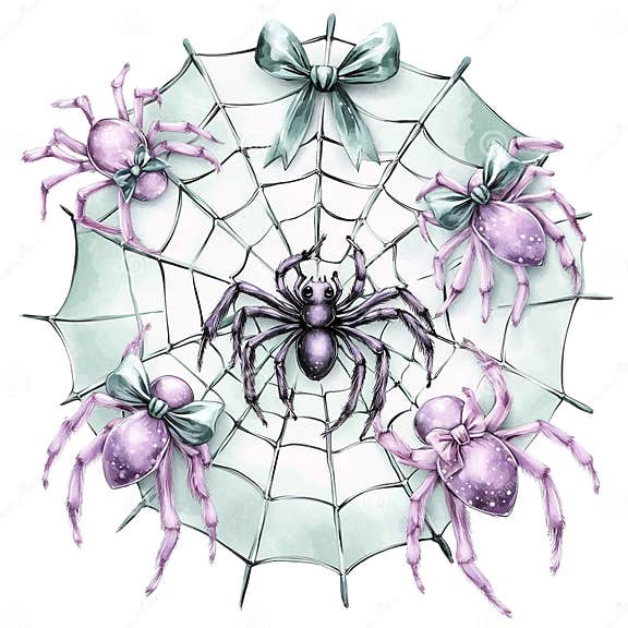 Pastel Gothic Spider Web with Cute Spiders Adorned with Tiny Bows Stock ...