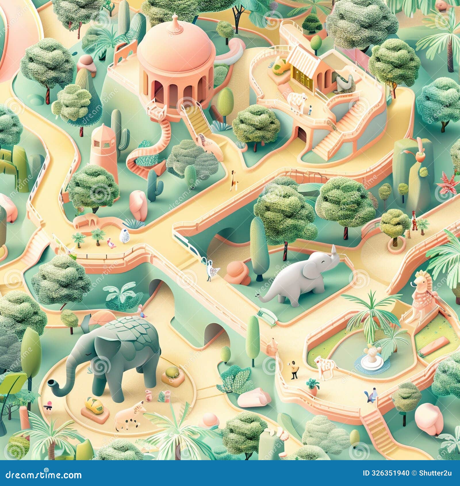 A Pastel Isometric Zoo with Cute Enclosures Tiny Animals and Paths ...