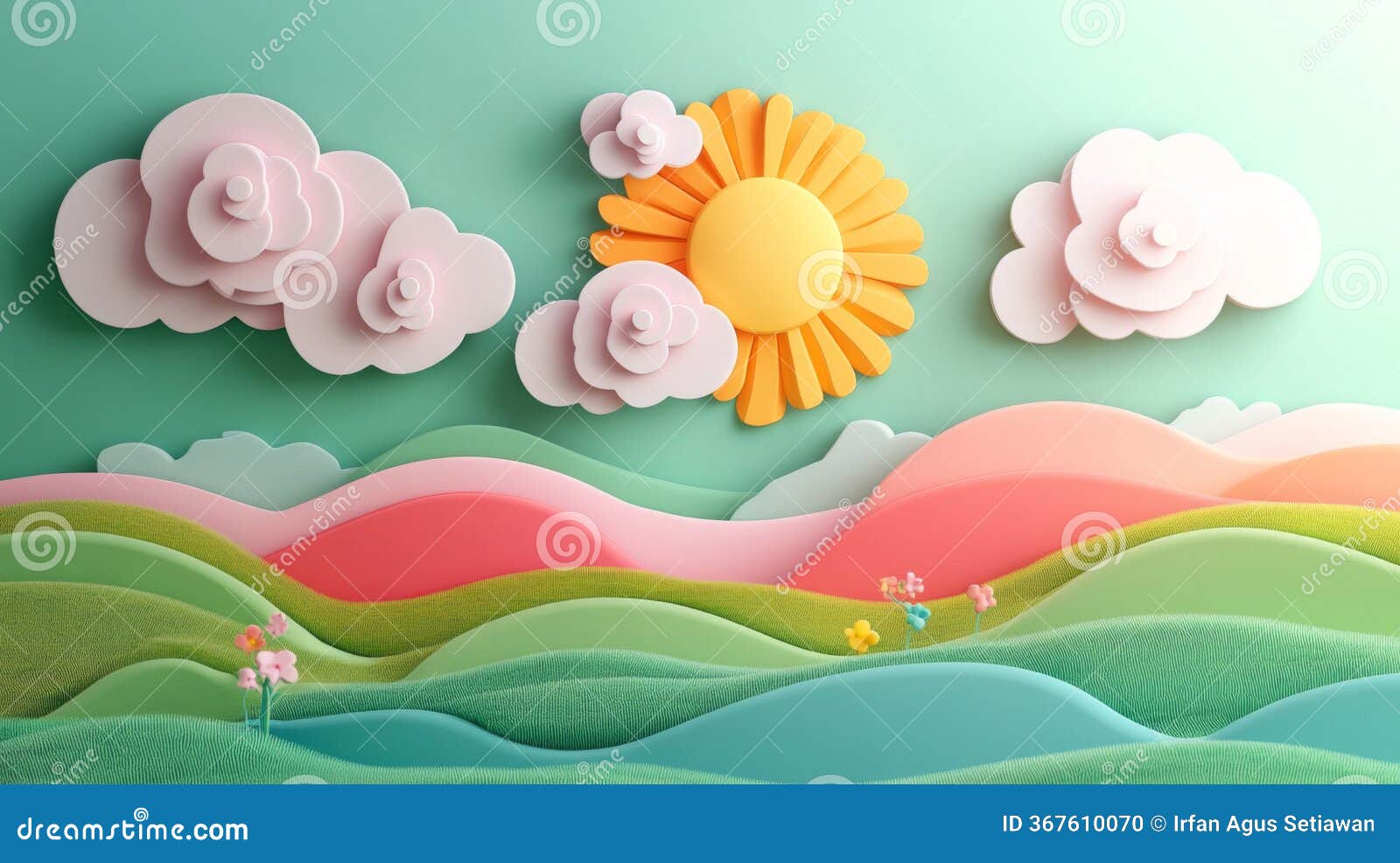 Pastel Papercraft Landscape With Sun And Clouds Stock Photo ...