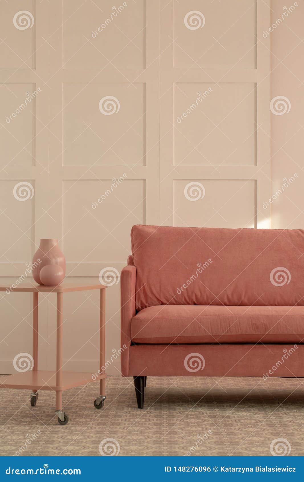 Pastel Pink Couch in White Living Room Interior, Copy Space on Empty ...