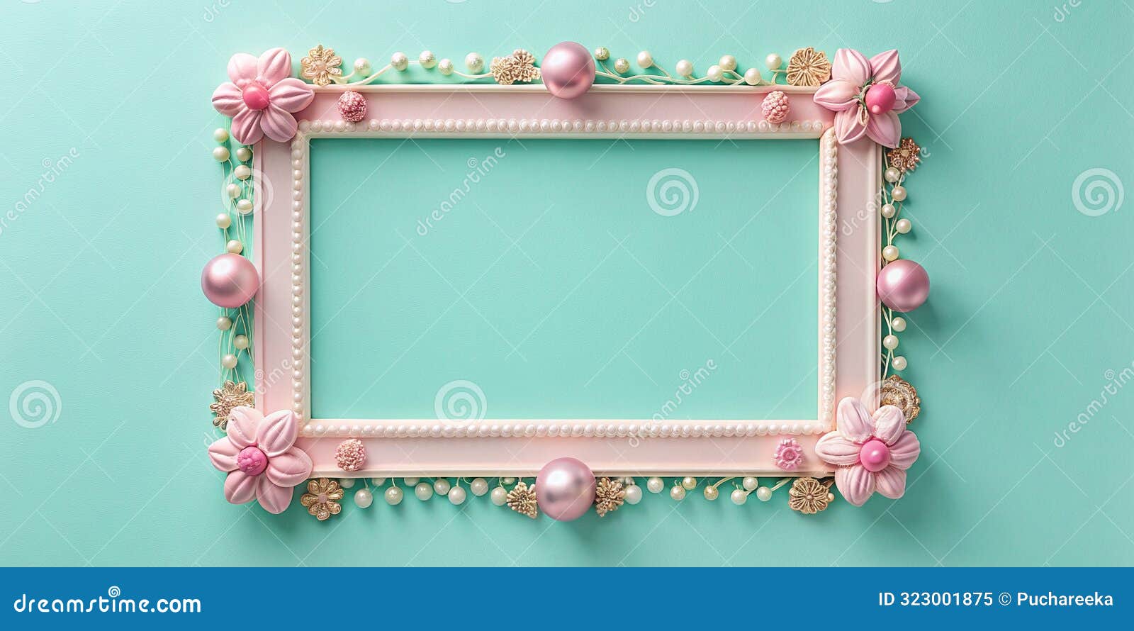A Pastel Pink Frame with Decorations on a Pastel Mint Blue Background ...