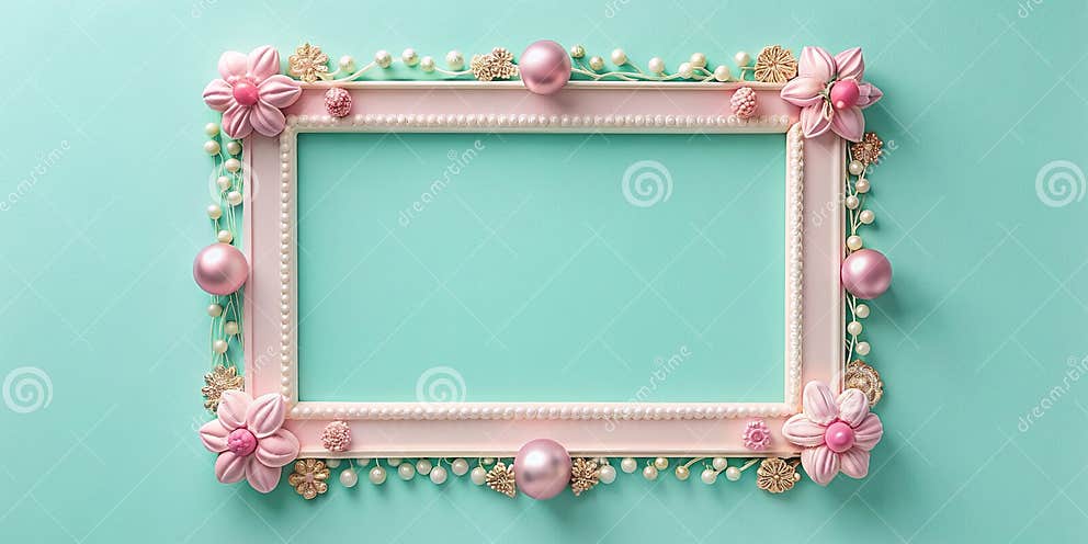 A Pastel Pink Frame with Decorations on a Pastel Mint Blue Background ...