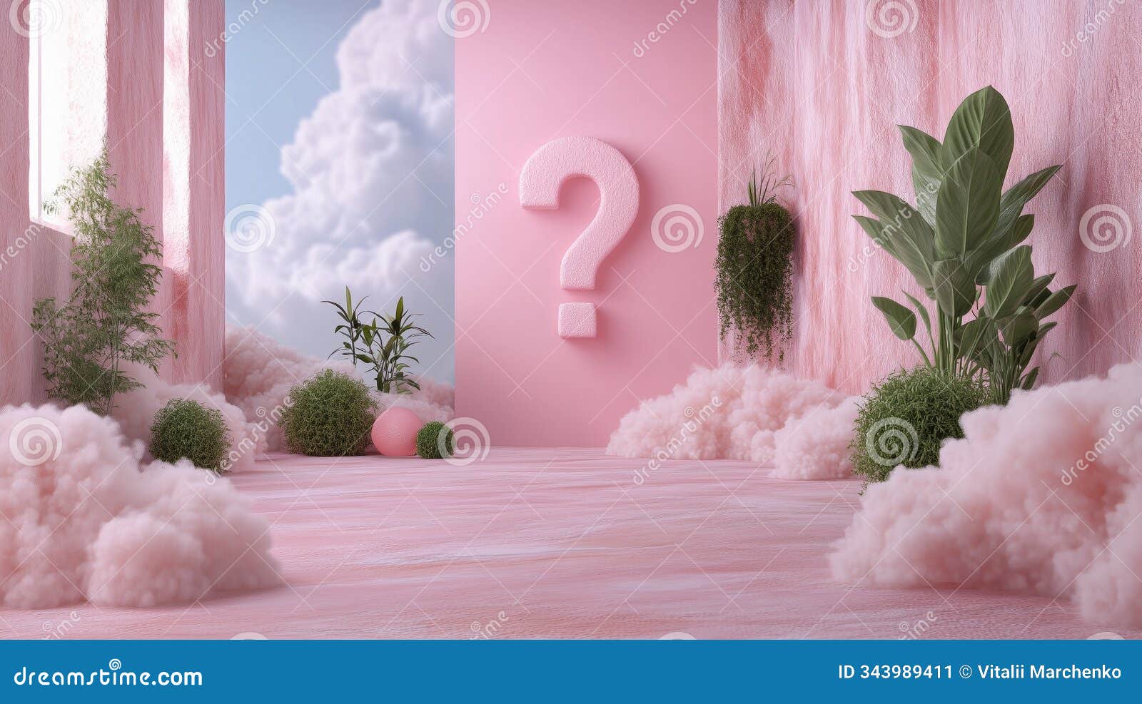 Pastel Pink Question Mark in Dreamy Cloudscape with Lush Greenery on ...