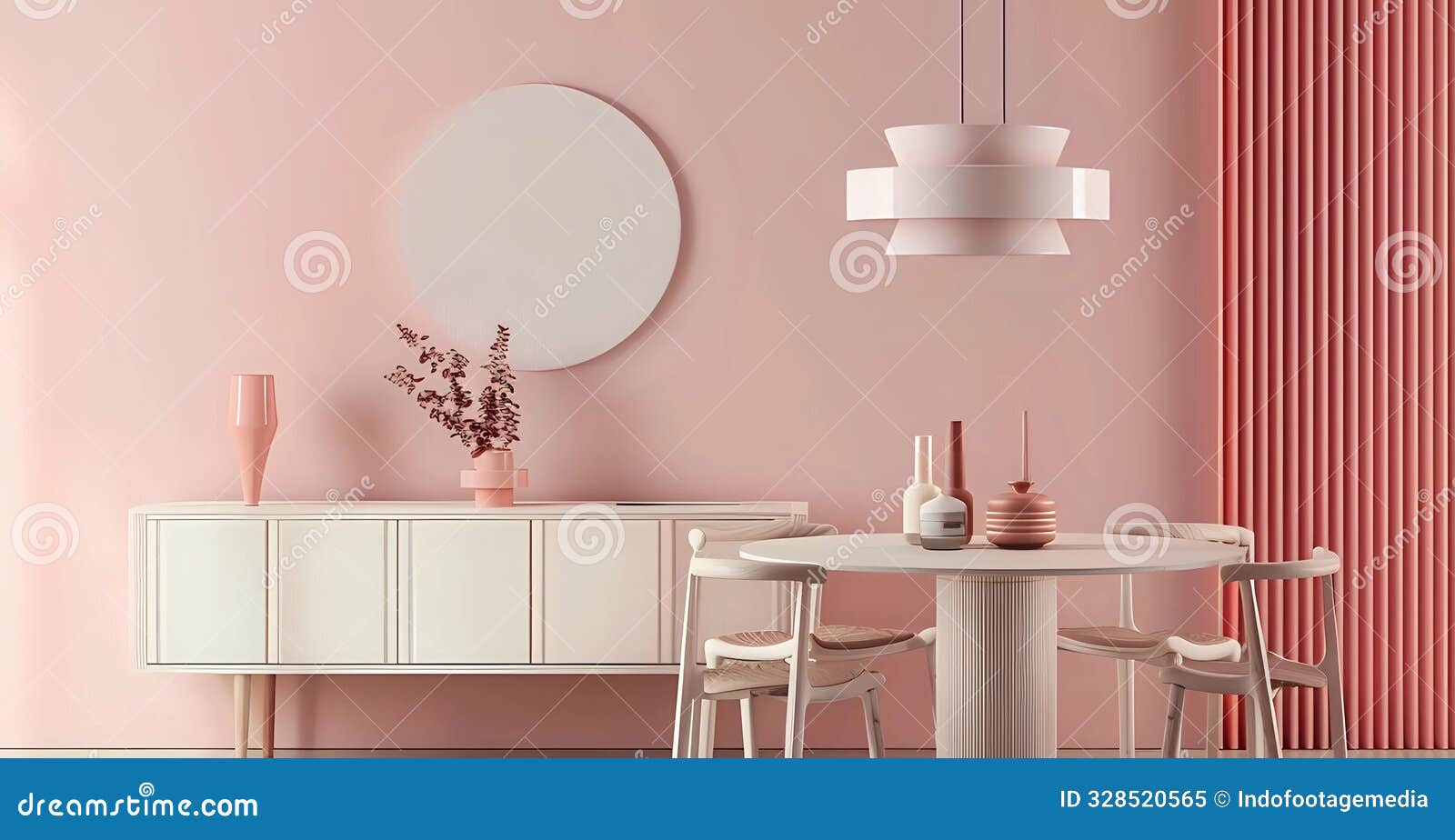 Pastel Pink Statement Wall: Modern Minimalist Dining Room with Chic ...