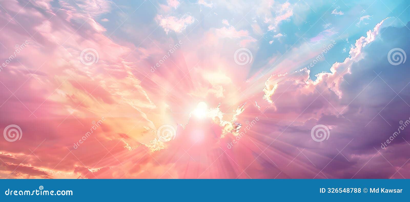 Pastel Sky with Sun Rays and Clouds Stock Illustration - Illustration ...