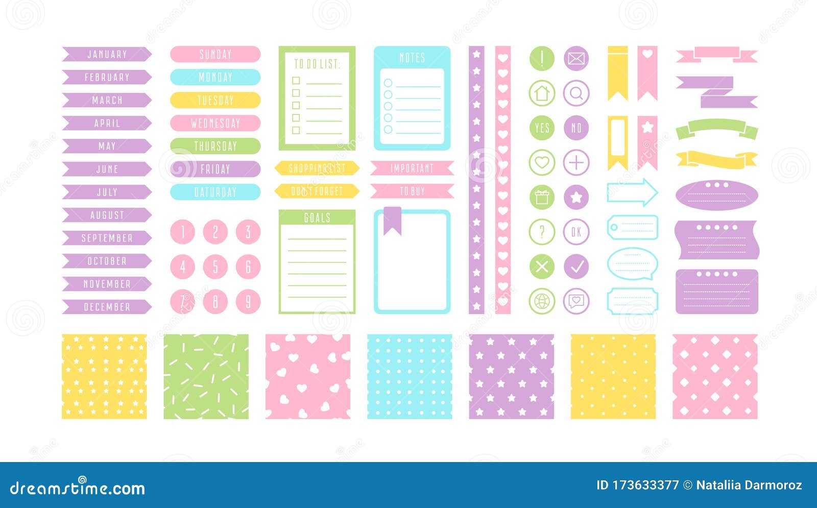 Pastel Stickers Flat Vector Illustrations Set. Calendar and Notebook ...