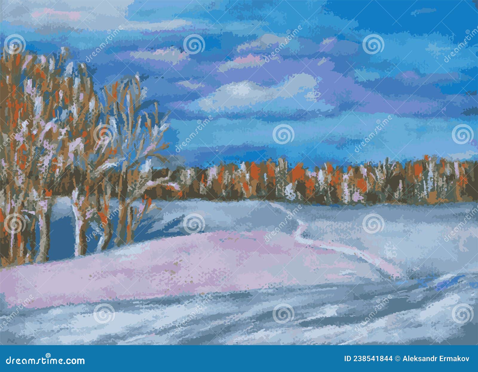 Pastel Vector Drawing Of Winter Landscape With Blue Cloudy Sky, Field ...